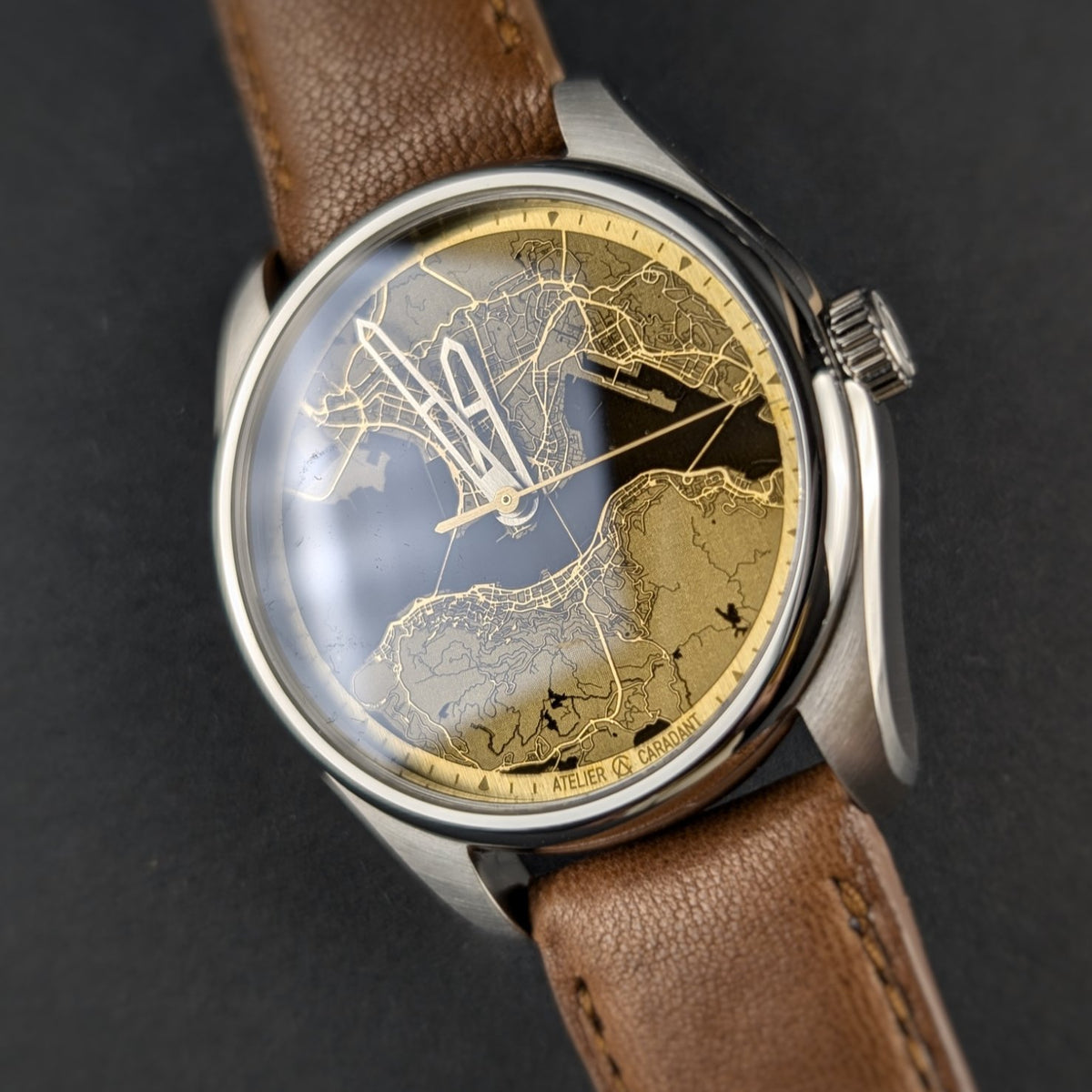 Hong Kong city map watch with Brass dial.