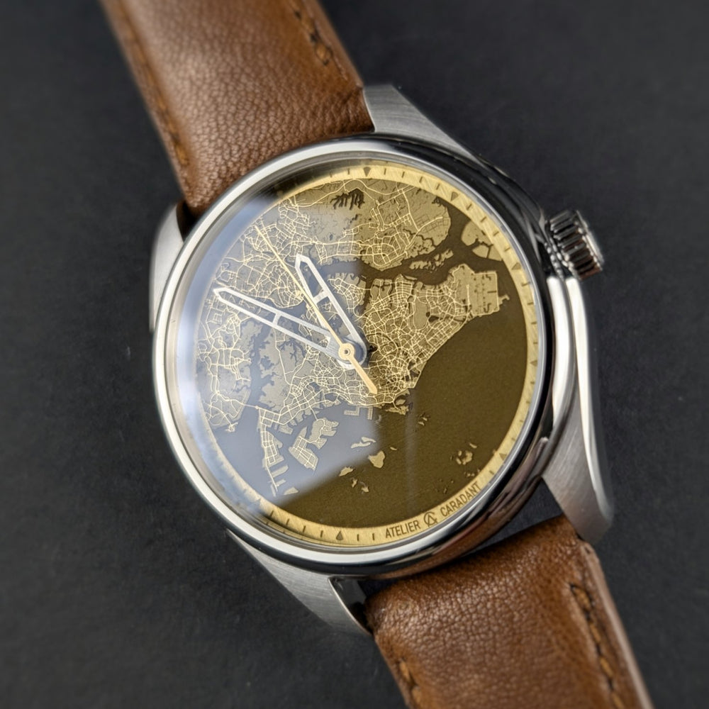 Singapore Watch City Map Brass Dial Golden Second